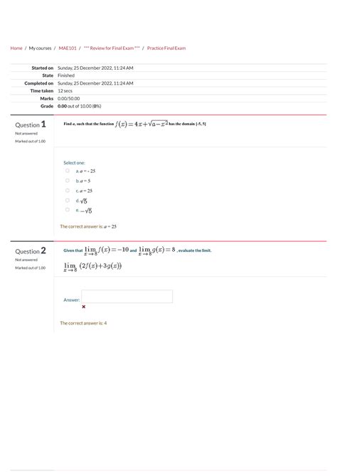 Practice Final Exam 1 Home My Courses Mae101 Review For