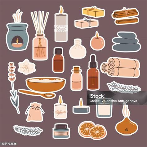 에센셜 오일 스파 및 마사지를 위한 양초세트 아로마테라피 트렌디한 스티커 세트 스티커에 대한 스톡 벡터 아트 및 기타 이미지