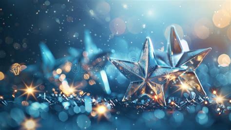 Glittering Silver Stars Hanging From A Christmas Tree Stock