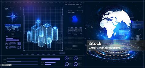 Hud Ui 인터페이스 제어 센터 미래 지향적 인 스타일의 행성 지구 컨트롤 패널과 상호 작용 하는 화면 파란색 배경에 행성의 홀로그램 벡터 건물 외관에 대한 스톡 벡터