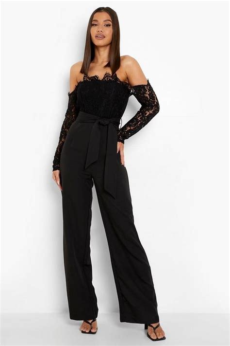 Lace Bardot Wide Leg Jumpsuit Boohoo Uk