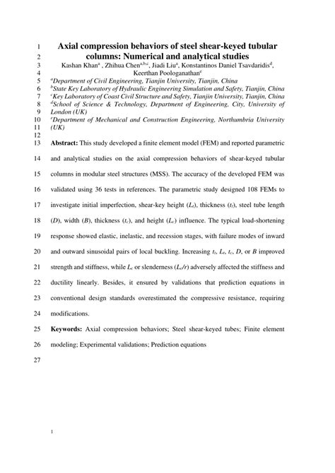 Pdf Axial Compression Behaviors Of Steel Shear Keyed Tubular Columns Numerical And Analytical