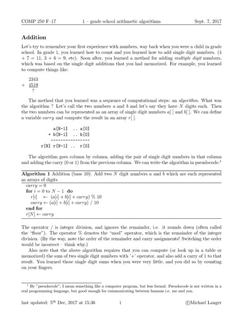 Comp 250 Lecture Notes Comp 250 F17 1 Grade School Arithmetic