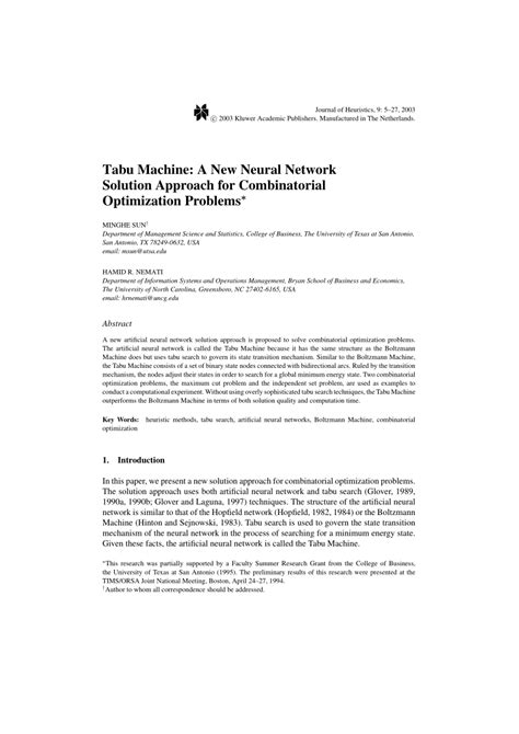 Pdf Tabu Machine A New Neural Network Solution Approach For