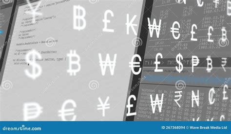 Animation Of Multiple Currency Symbols Moving Over Data Processing