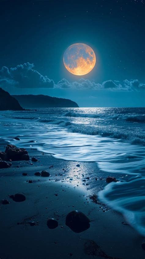 Bright Full Moon Night Serene Sea Landscape Captivating Nocturnal