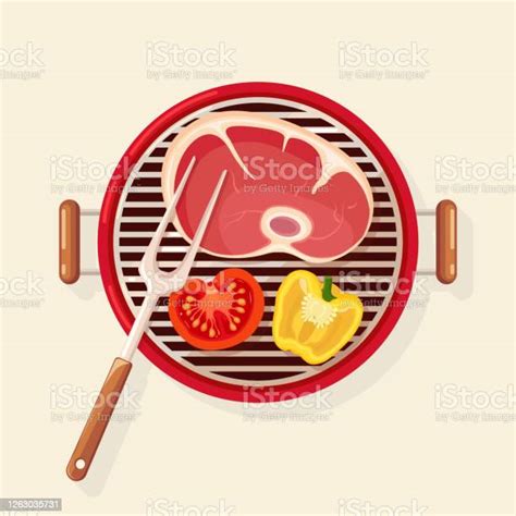 그릴 소시지 쇠고기 스테이크 배경에 고립 된 튀긴 고기 야채와 휴대용 라운드 바베큐 피크닉 가족 파티를위한 바베큐 장치 바베큐