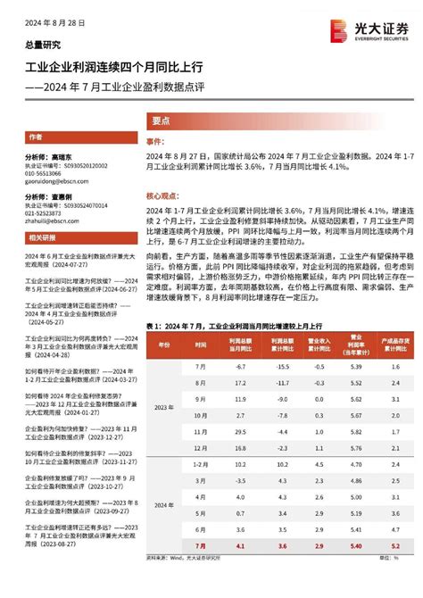 2024年7月工业企业盈利数据点评：工业企业利润连续四个月同比上行