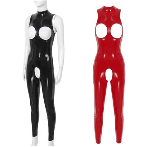Womens One Piece Stand Collar Full Body Jumpsuit Wet Look Leather