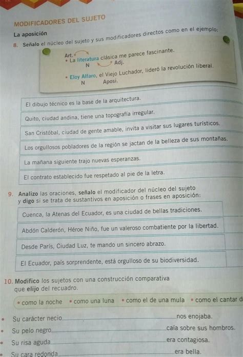 ocho señaló el núcleo del sujeto y sus modificadores directos como el