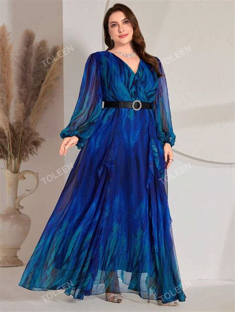 Plus Size Women V Neck Gradient Long Lantern Sleeve Maxi Arabian Modest Dress Shein Usa
