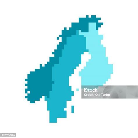 북유럽 국가 지도의 단순화 된 얼음 파란색 실루엣이있는 벡터 분리 된 기하학적 일러스트레이션 그라디언트 텍스처가 있는 Nft 템플릿의 픽셀 아트 스타일 0명에 대한 스톡