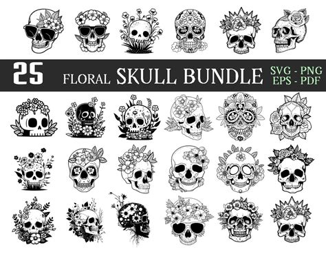 Floral Skull Svg Bundleskull And Roses Svg Skull With Flowers Svg