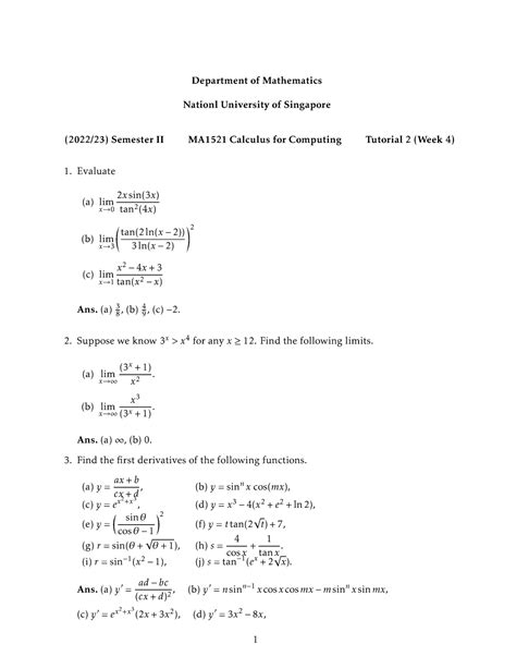 Ma1521 Tutorial 2 Department Of Mathematics Nationl University Of Singapore 202223 Semester