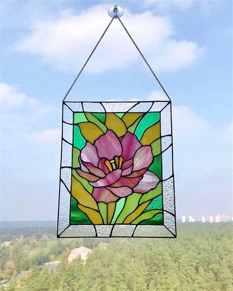 Peony Stained Glass Panel Window Hanging Stained Glass Home Etsy