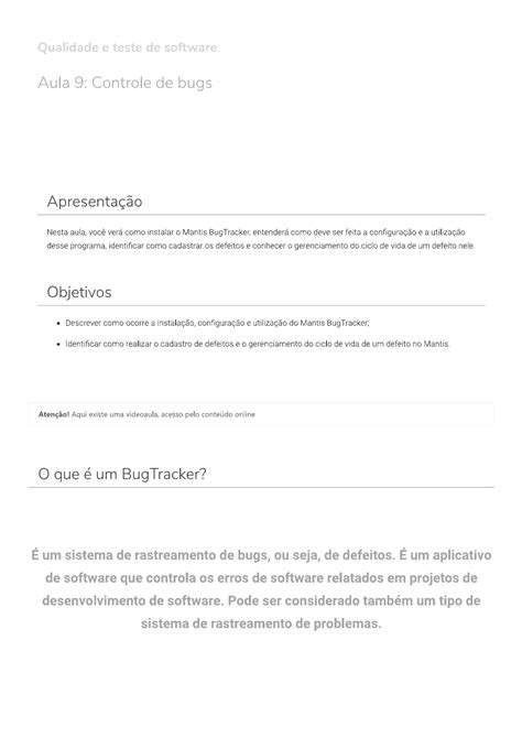 Aula Controle De Bugs Qualidade E Testes De Software