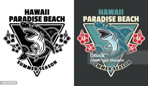 하와이 파라다이스 비치 벡터 빈티지 엠블럼 레이블 배지 또는 상어 로고 흰색에 검은색과 어두운 배경에 화려한 두 가지 스타일의 그림 계절에 대한 스톡 벡터 아트 및 기타
