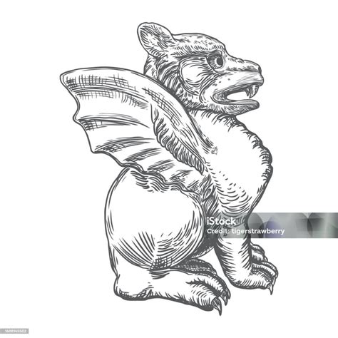 신화고대 가고일 생물은 박쥐 날개가 달린 키메라처럼 인간과 용을 인간과 용으로 생물로 간구합니다 좌석 위치에 날카로운 송곳니와 발톱신화 가구유 손으로 그린 스케치가 새겨져