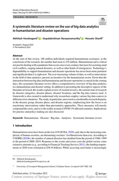 Pdf A Systematic Literature Review On The Use Of Big Data Analytics In Humanitarian And