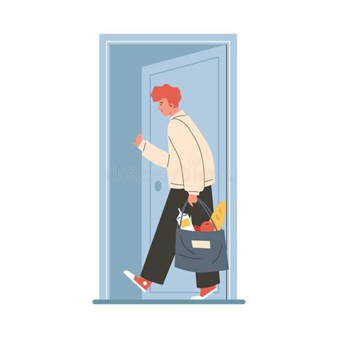 Man With Grocery Bag Enters The Door Flat Cartoon Vector Illustration