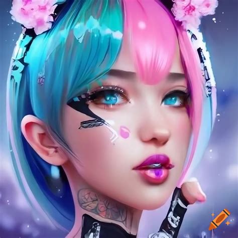 Realistic Cyberpunk Girl With Pastel Hair And Tattoos On Craiyon