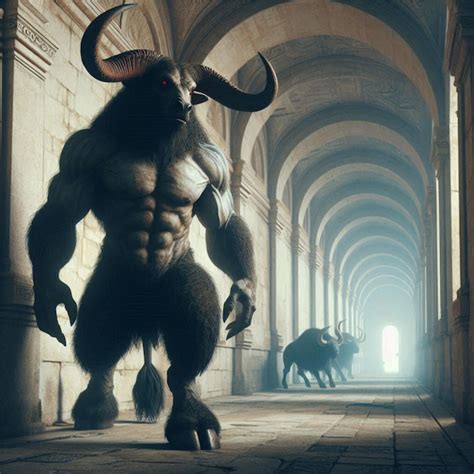 Minotaur Roaming The Labyrinthine Corridors Premium Ai Generated Image