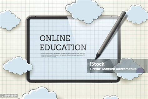 학교로 돌아가기 온라인 학습 구름이 있는 체크 무늬 종이 배경에 태블릿 또는 스마트폰 3차원 형태에 대한 스톡 벡터 아트 및 기타 이미지 3차원 형태 Brand