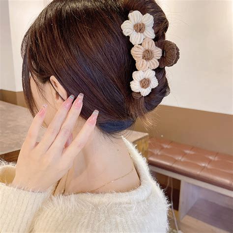 Badu Bg Нова дамска щипка за нокти Ръчно изработени тъкани щипки за коса с цветя Есен Зима