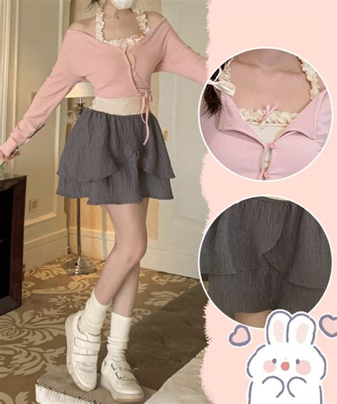 ෆ발레코어룩ෆ세트가격 발레리나 가디건 프릴 리본나시 랩스커트 Set 3piece 에이블리