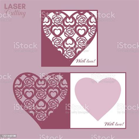 브로셔 결혼식 초대장 또는 발렌타인 데이 인사말 카드에 대한 장미와 마음 패턴 하트 접이식 카드의 레이저 컷 템플릿 결혼식에 대한 스톡 벡터 아트 및 기타 이미지 Istock