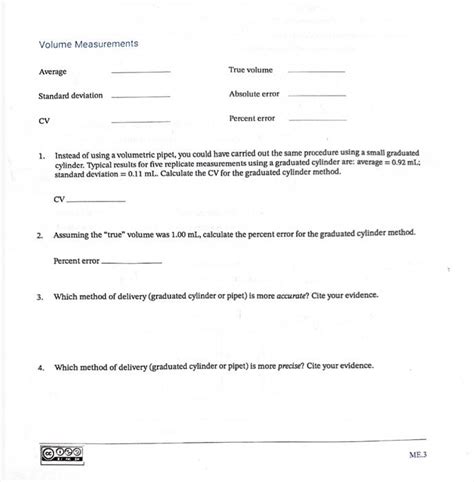 Solved Volume Measurements Average Standard Deviation CV Chegg Com