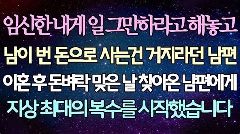 반전 사연 임신한 내게 일 그만하라고 해놓고 남이 번 돈으로 사는건 거지라던 남편 이혼후 돈벼락 맞은 날 찾아온 남편에게 지상 최대의 복수를 시작했습니다 사이다사연
