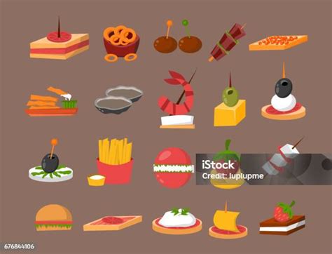다양 한 고기 생선 치즈 연회 간식 연회 플래터 Canape 스낵 전채 맛 있는 벡터에 감자 요리에 대한 스톡 벡터 아트 및
