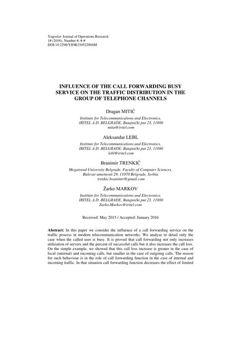 Pdf Influence Of The Call Forwarding Busy Service On The Traffic