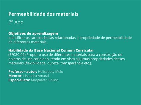 Plano De Aula 2o Ano Permeabilidade Dos Materiais