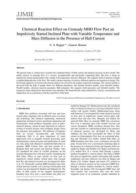 Pdf Chemical Reaction Effect On Unsteady Mhd Flow Past An Impulsively Started Inclined Plate