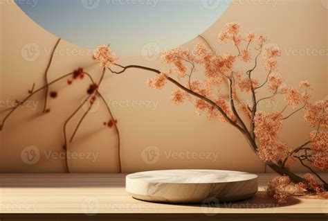 D Background Nude Beige Pedestal Podium Natural Dry Plant And Shadow On Pastel Nude Ai