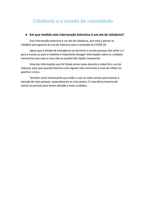Cidadania E O Estado De Calamidade Agora Que O Estado De Emergência