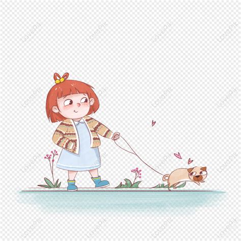 강아지와 함께 산책하는 어린 소녀 Png 일러스트 무료 다운로드 Lovepik