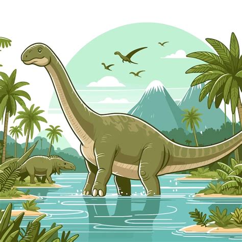 A Large Dinosaur Is Walking Through A Lush Jungle With Palm Trees