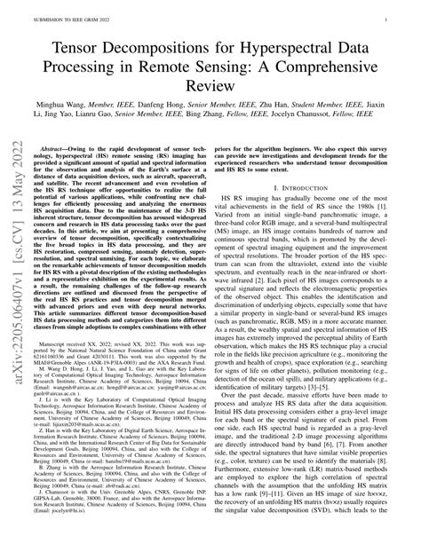 Pdf Tensor Decompositions For Hyperspectral Data Processing In Remote