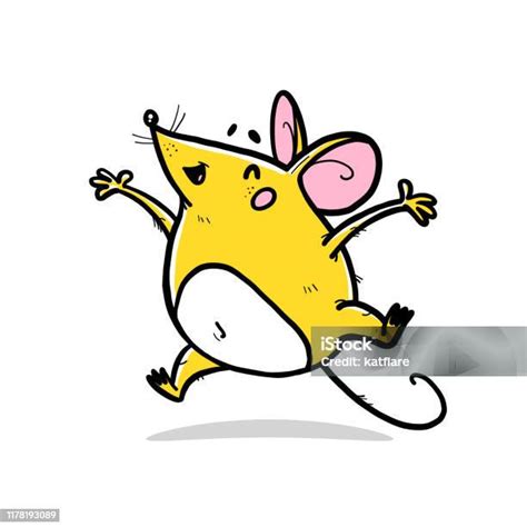 흰색 배경에 고립 행복 점프 귀여운 손으로 그린 노란색 재미있는 마우스 캐릭터의 벡터 그림 0명에 대한 스톡 벡터 아트 및 기타 이미지 Istock