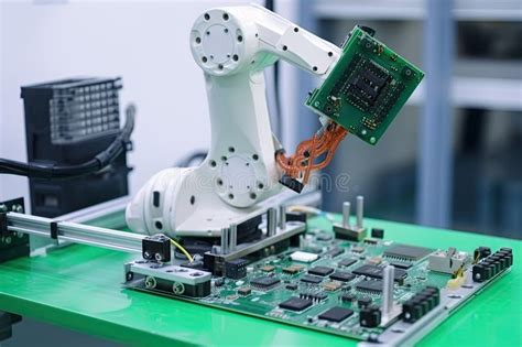 Robotic Arm Assembling Electronic Circuit Board In High Tech Laboratory