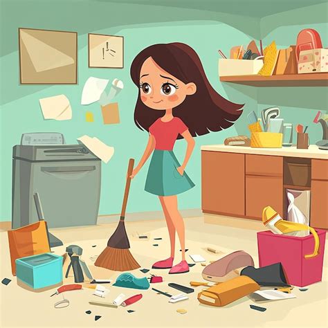 Cartoon Of Cleaning And Decluttering Premium Ai Generated Image