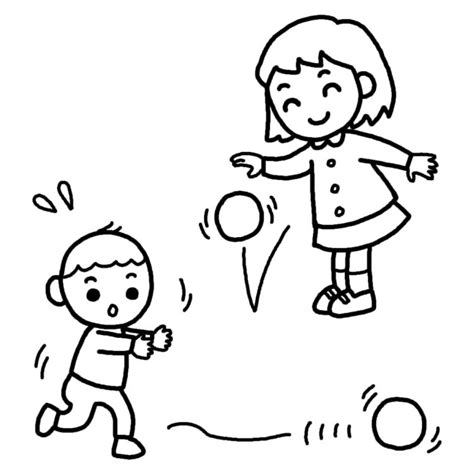 ボール遊び1 白黒 野外園庭遊びの無料イラスト 園の生活 保育素材