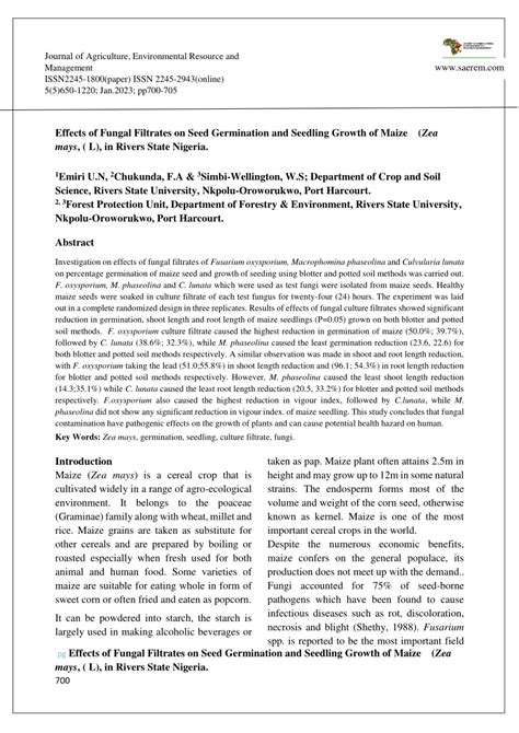 Pdf Effects Of Fungal Filtrates On Seed Germination And Seedling Growth Of Maize Zea Mays