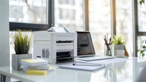 Modern Compact Printer On A Clean White Desk With Office Supplies And