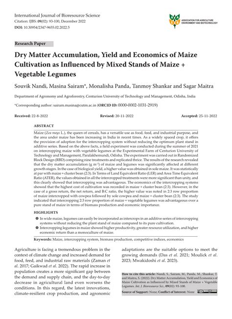 Pdf Dry Matter Accumulation Yield And Economics Of Maize Cultivation