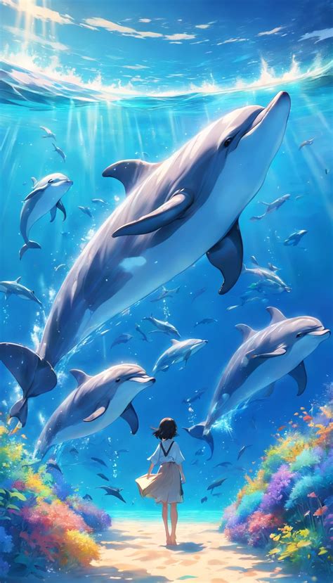 바다의 돌고래 무리 앞에 서있는 여자 Seaart Ai