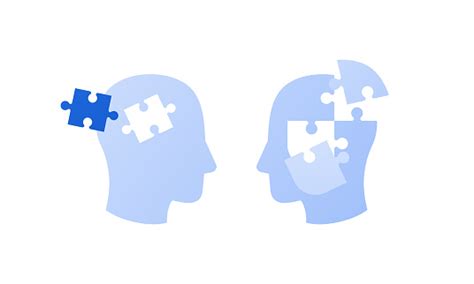 마음과 심리학 개념 벡터 플랫 일러스트 세트입니다 흰색 배경에 고립 된 직소 조각인간의 얼굴 정신 장애 신경학 및 교육 기호